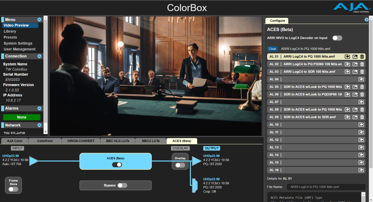 ColorBox from AJA with LUT Color Transforms
