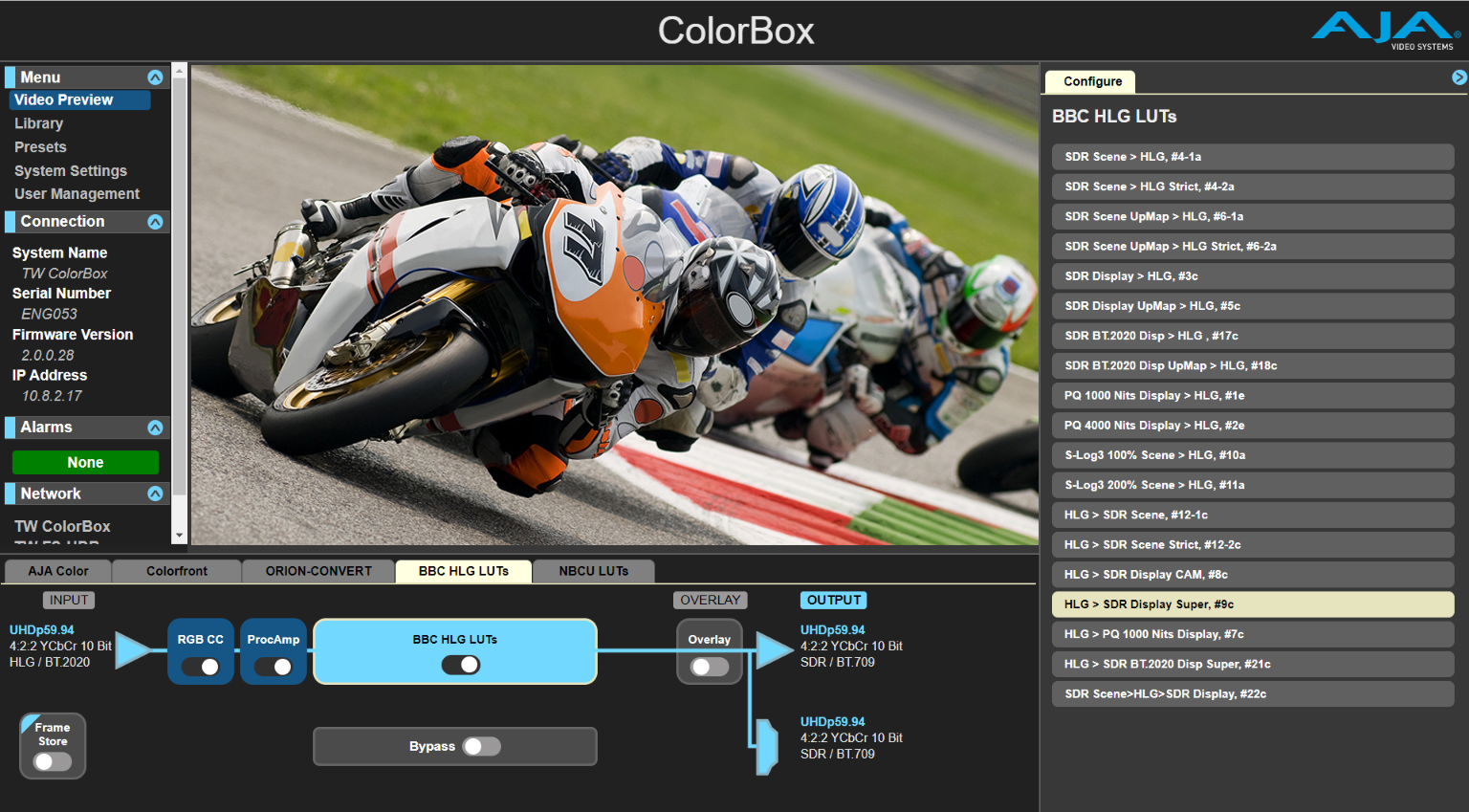 ColorBox from AJA with LUT Color Transforms